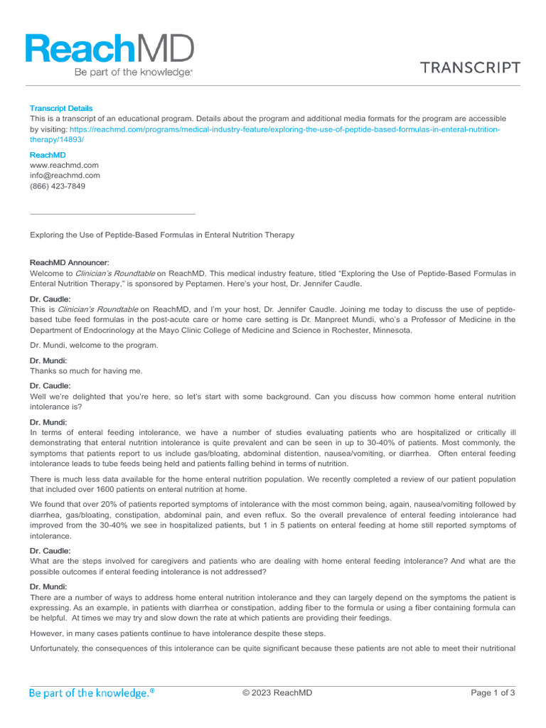 Exploring The Use of Peptide Based Formulas in Enteral Nutrition ...