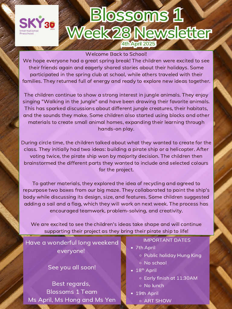 Blossoms 1 Week 28 Newsletter | PDF