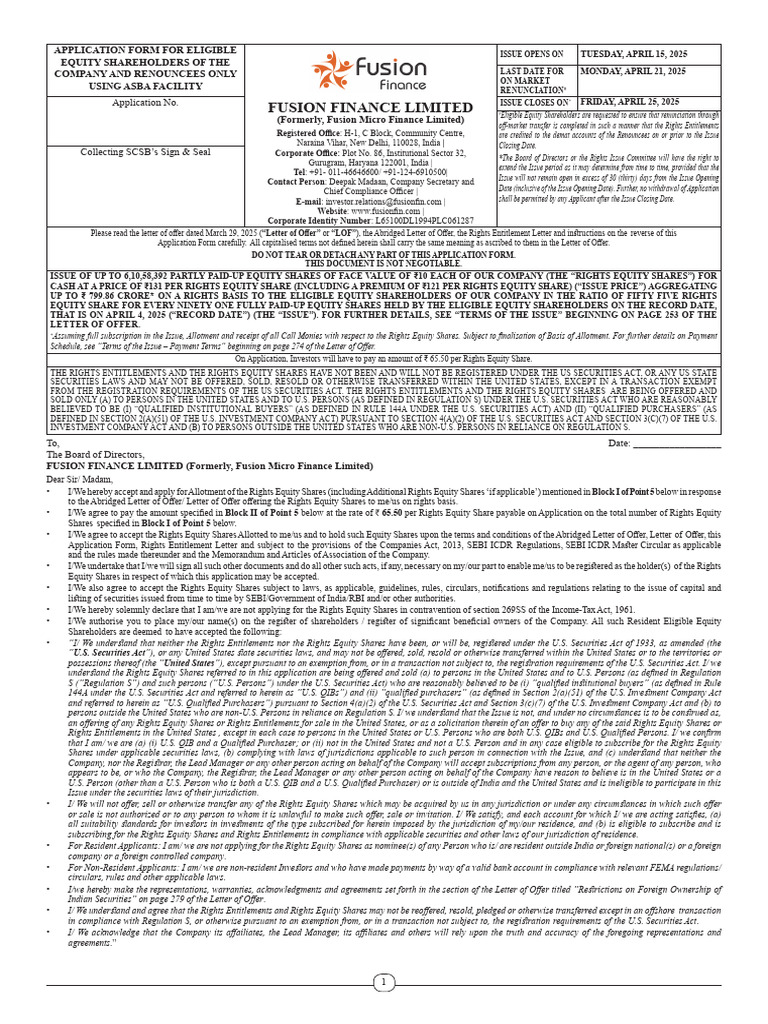 Fusion Finance Rights Issue Application Form | PDF | Securities ...