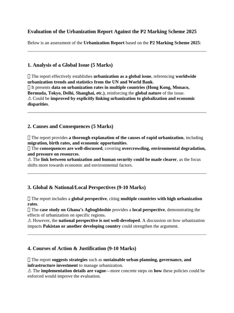 Evaluation of The Urbanization Report Against The P2 Marking Scheme 2025 | PDF | Urbanization ...