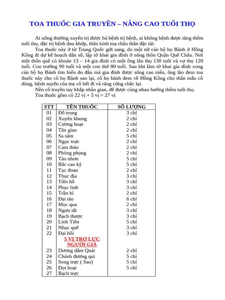 Toa Thuoc Nang Cao Tuoi Tho | PDF