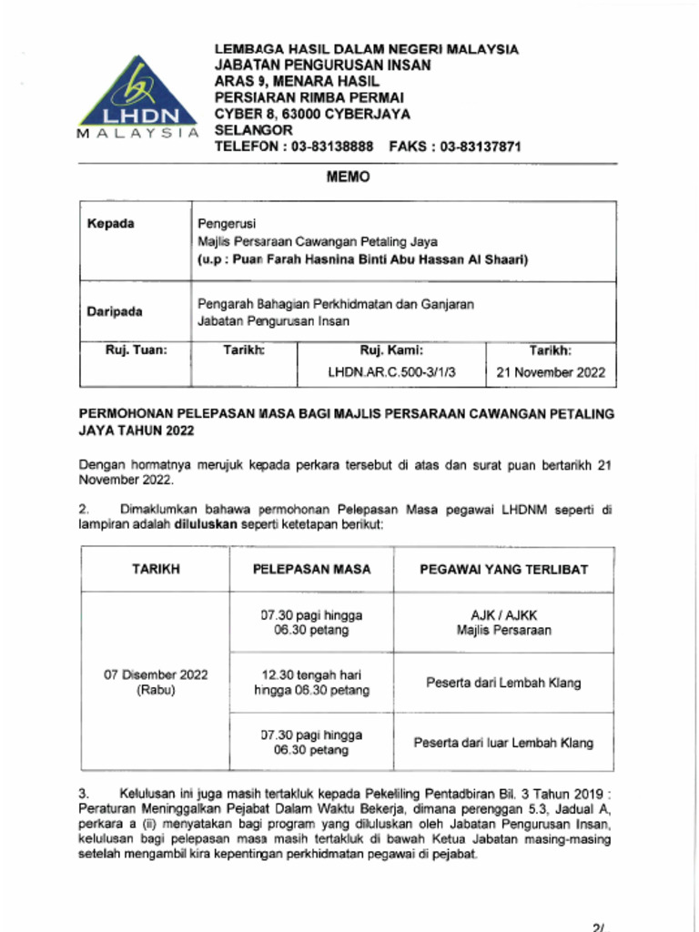 Memo Kelulusan Pelepasan Masa Bagi Majlis Persaraan Cawangan Petaling ...