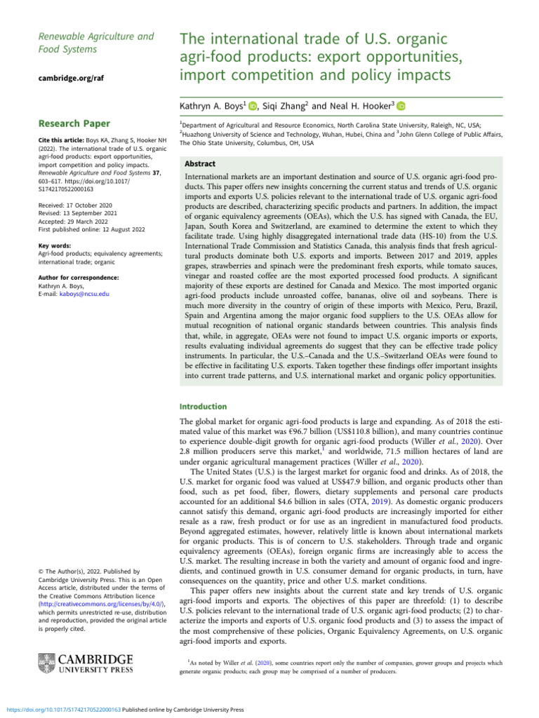 The International Trade of U.S. Organic Agri-Food Products: Export ...