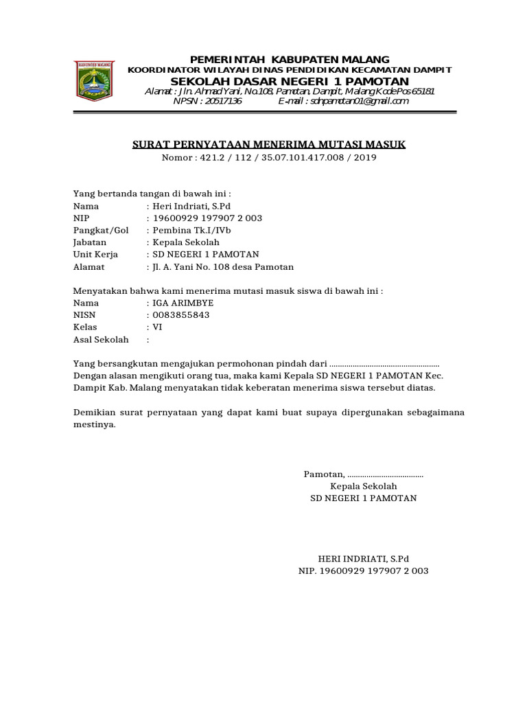 SURAT PENERIMAAN MUTASI MASUK AFIKA | PDF