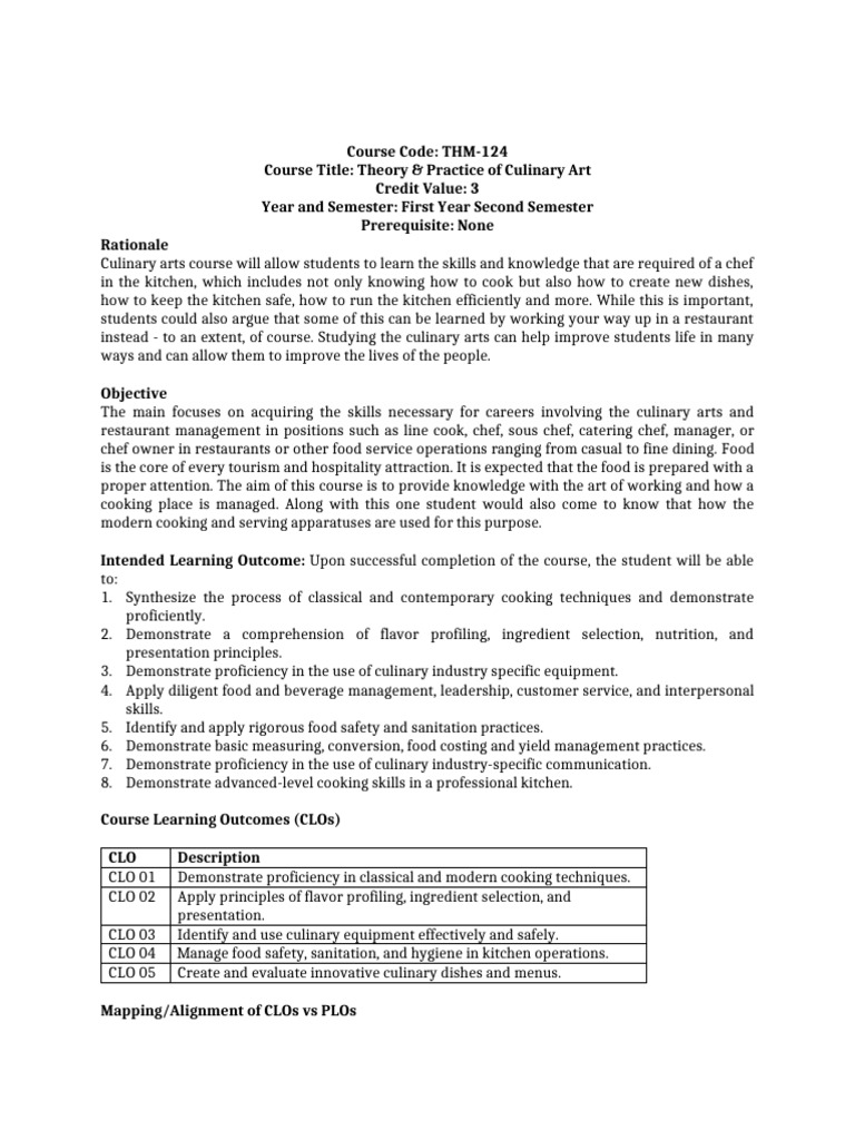 Culinary Arts Course Overview THM-124 | PDF | Chef | Cooking