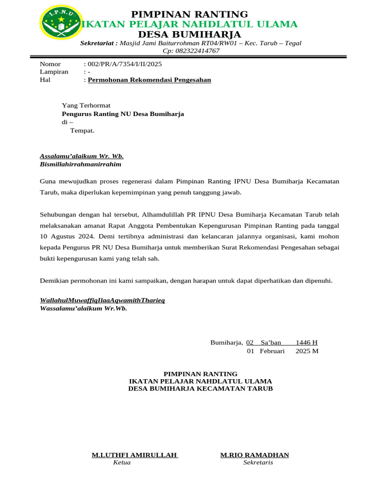 Permohonan Rekomendasi Pengesahan Ipnu - Pac | PDF