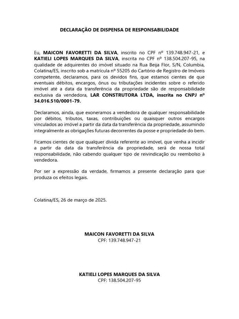 DECLARAÇÃO DE DISPENSA DE RESPONSABILIDADE | PDF