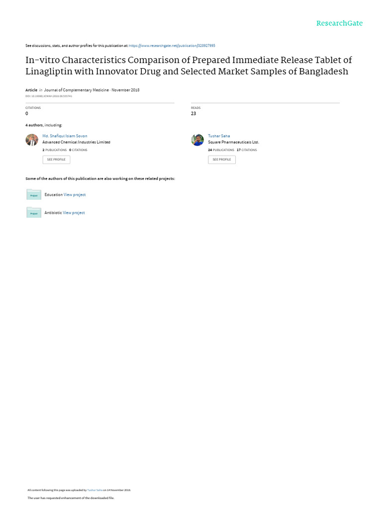 In-vitro Characteristics Comparison of Prepared Immediate Release ...