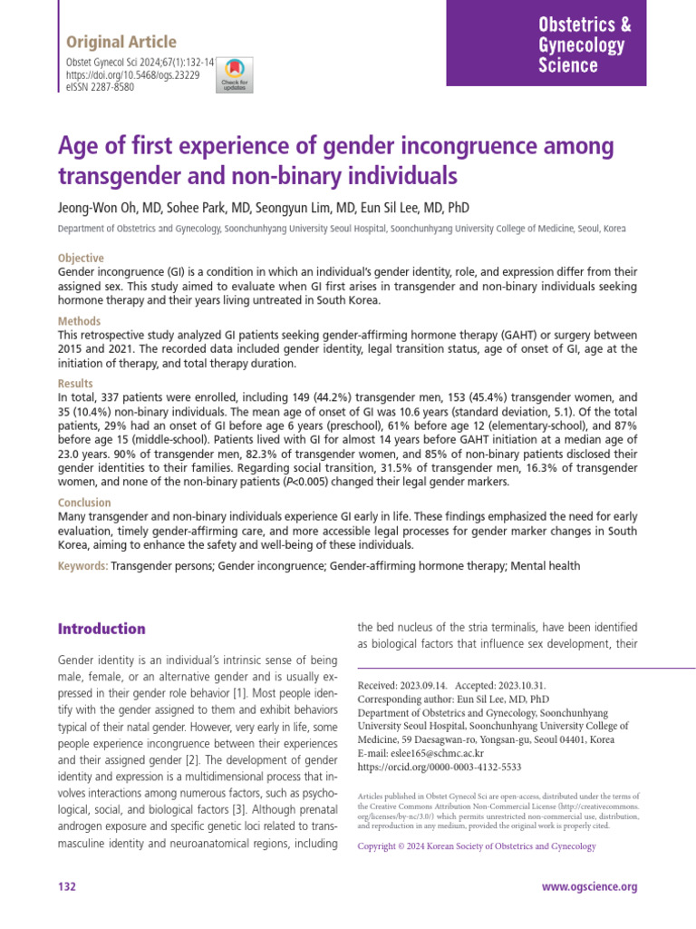 Age of first experience of gender incongruence among transgender and ...