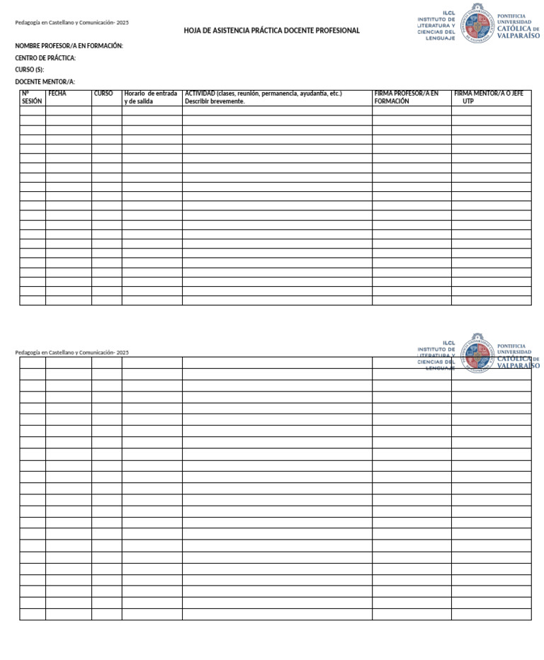 Planilla de Asistencia Práctica Docente Profesional | PDF
