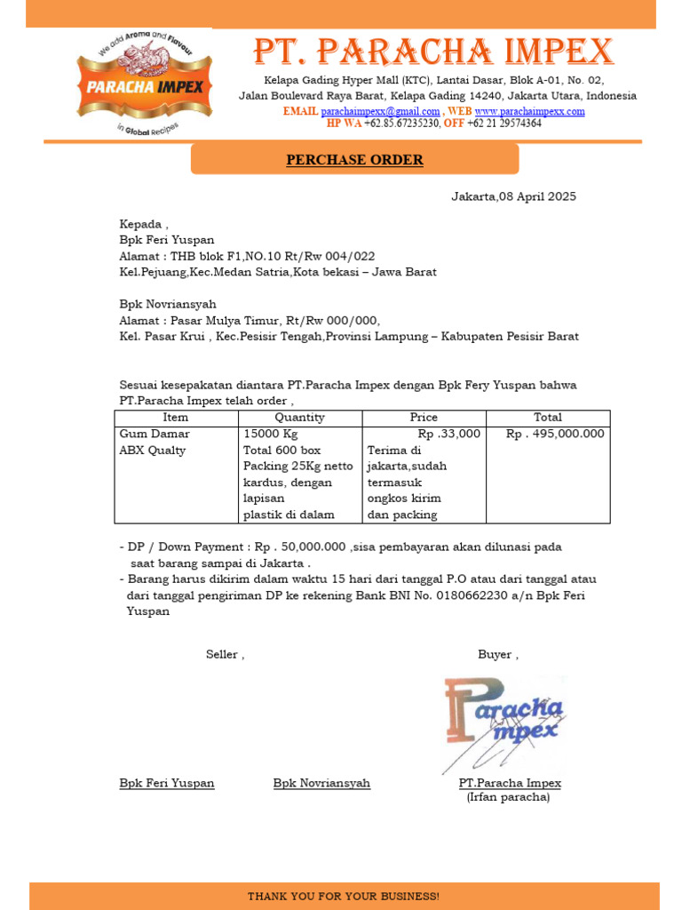 Order Gum Damar oleh PT. Paracha Impex | PDF
