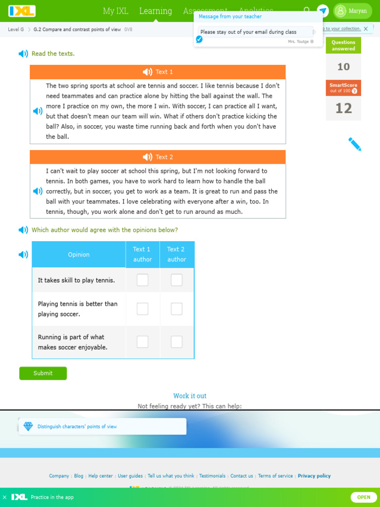 IXL Compare and Contrast Points of View Level G Language Arts | PDF