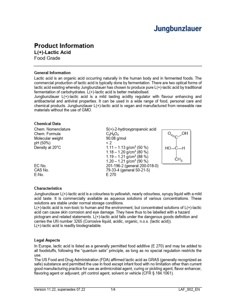 Tds Lactic Acid Food Grade | PDF | Lactic Acid | Chemical Substances