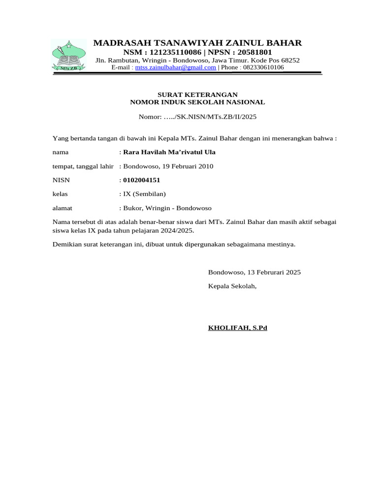 SURAT KET NISN | PDF
