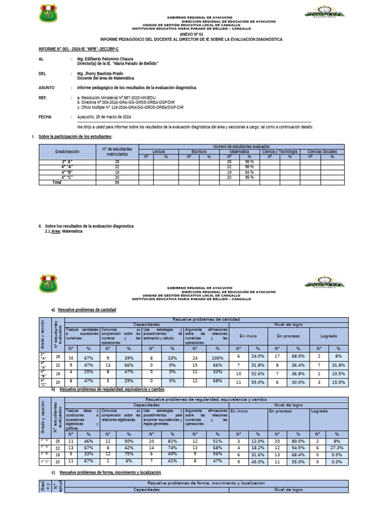 Modelo de Informe Evaluacion Diagnostica 2024 | PDF | Plan de estudios | Enseñando