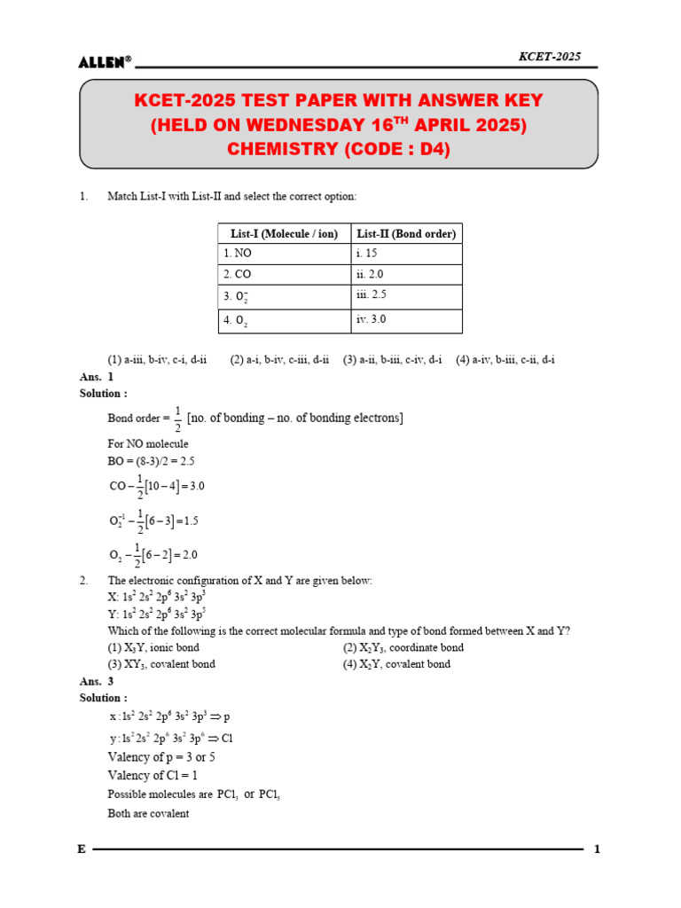 Kcet 2025 Chemistry Answer Key 16 04 2025 | PDF | Anode | Activation Energy