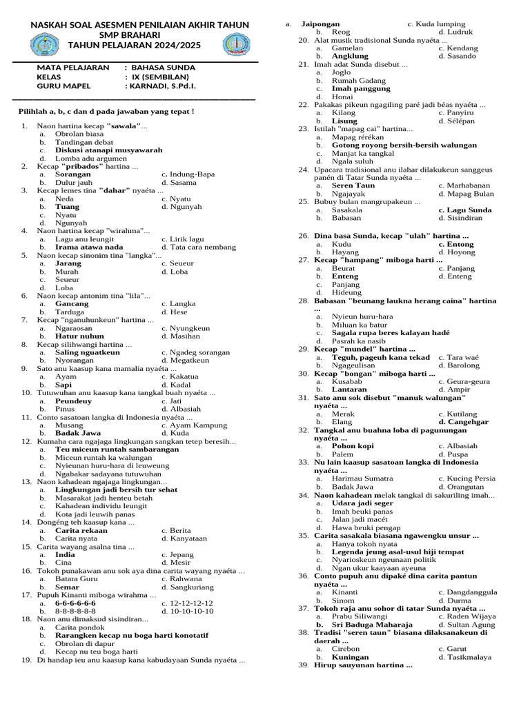 Soal ASAJ B.SUNDA Kelas IX Fix | PDF