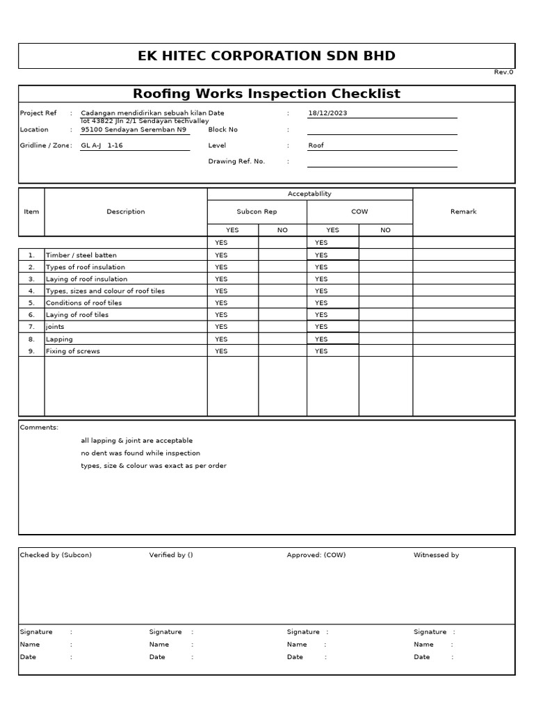 Roofing Works Inspection Checklist 43822 | PDF | Roof | Architectural ...