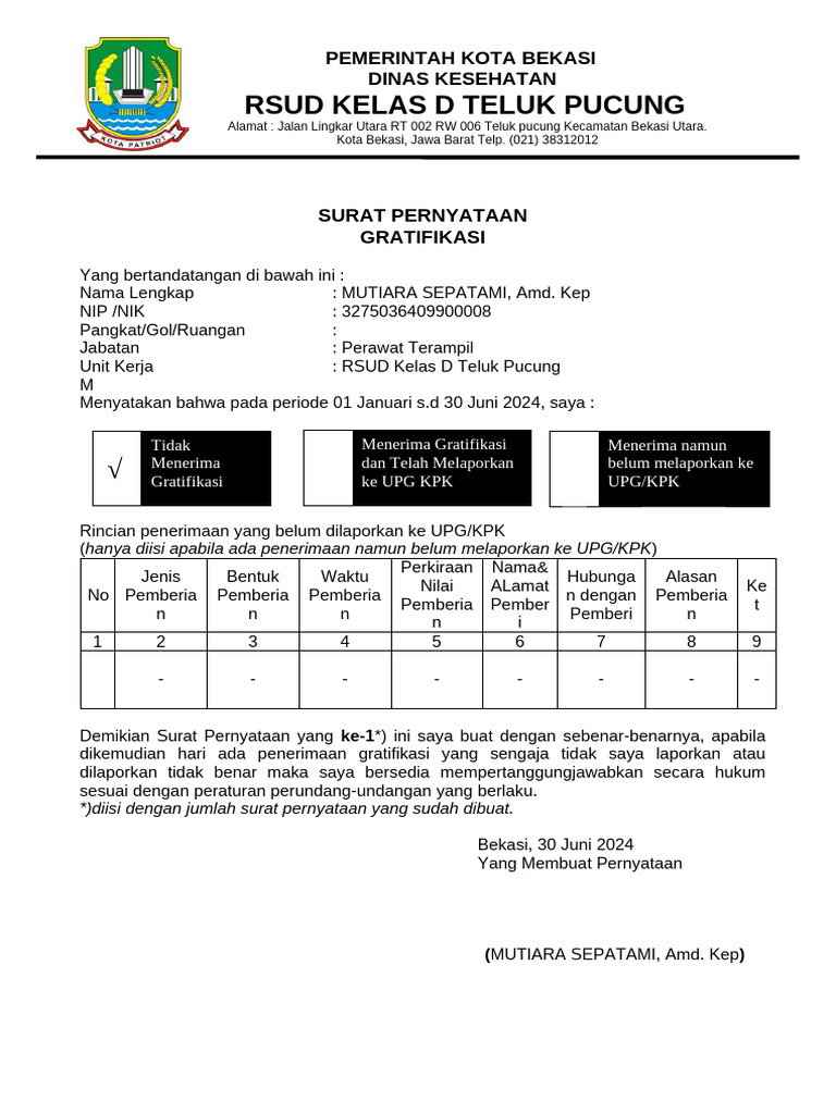 Format Gratifikasi Rsudtp (1) Mutia | PDF