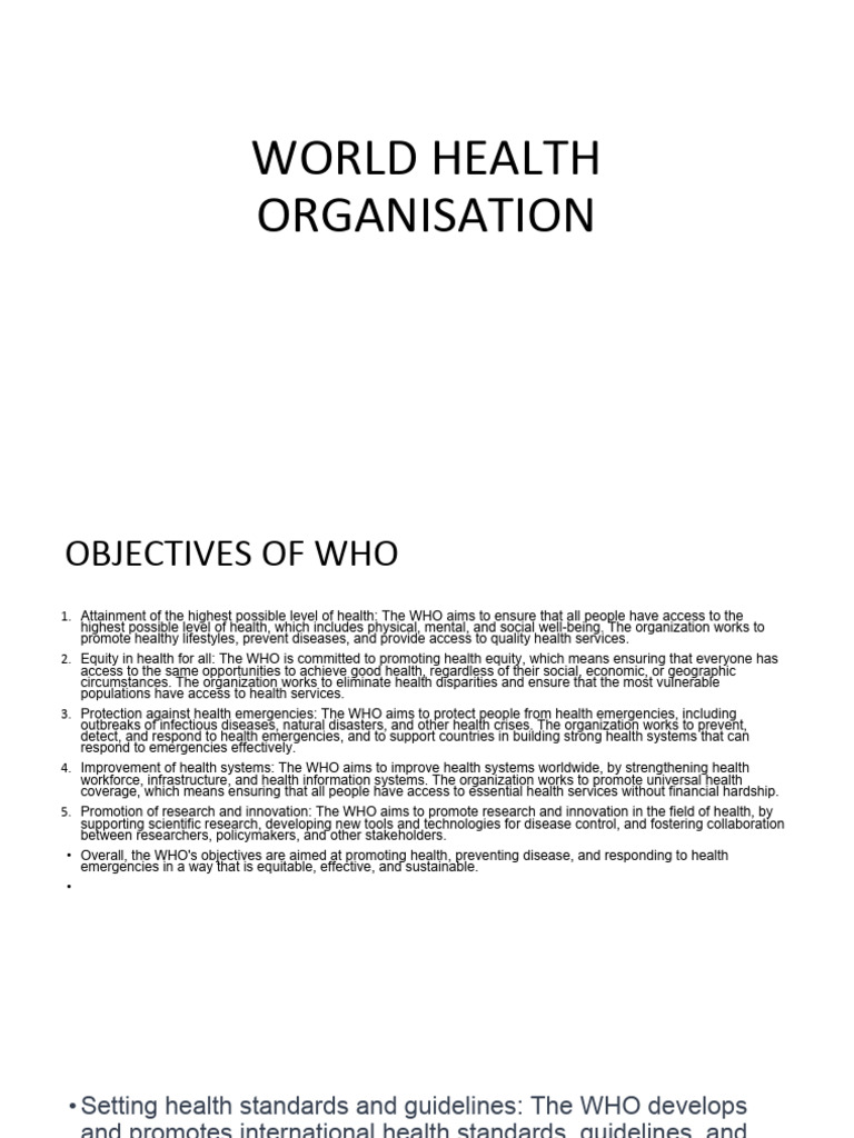 WHO - Objectives | PDF | World Health Organization | Global Health