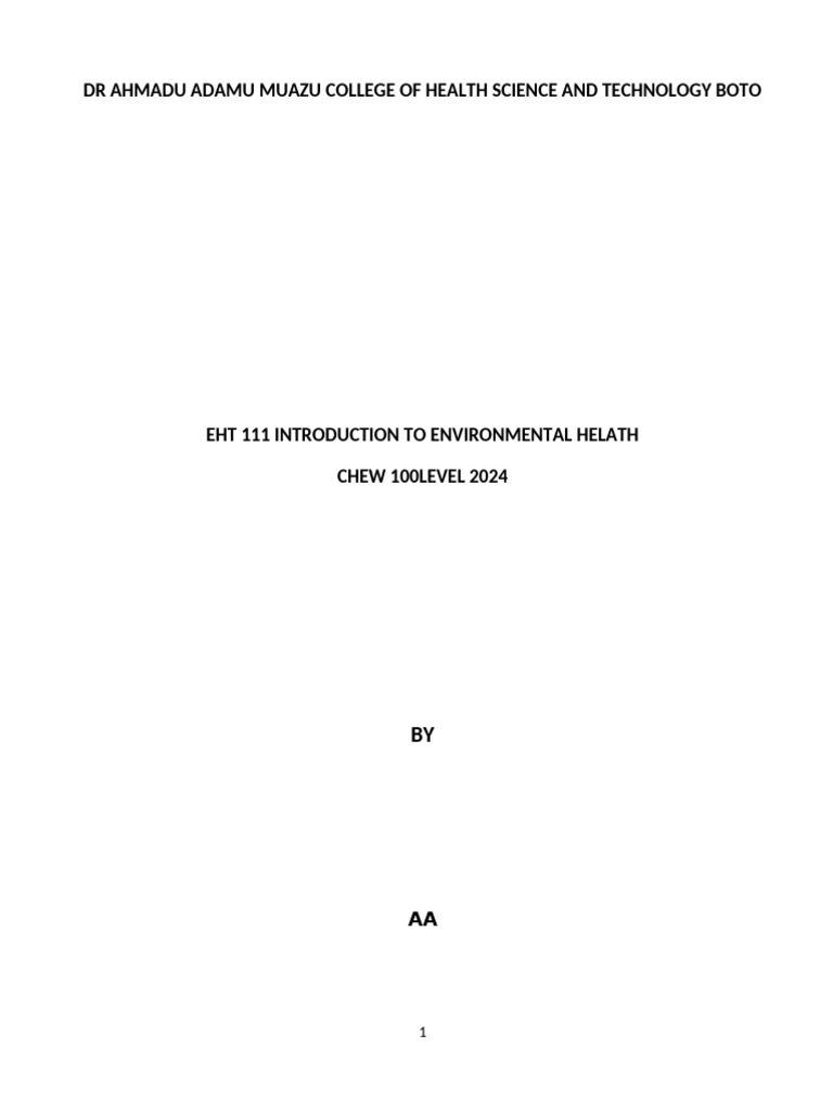 EHT 111 Introduction To Environmental Health 2024 | PDF | Water ...