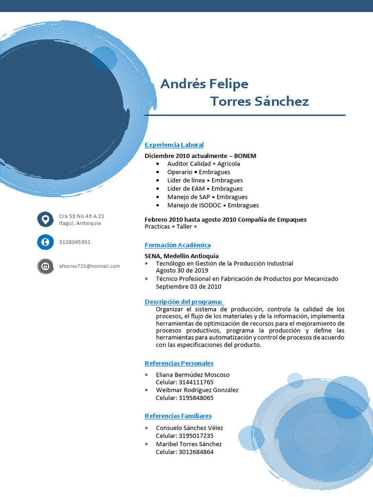 Hoja de Vida Andres Felipe Torres Sanchez | PDF