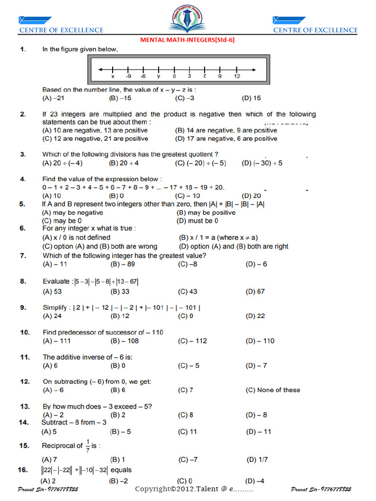 MENTAL MATH-INTEGERS (Std-6) | PDF