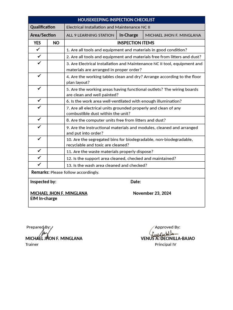Housekeeping Inspection Checklist | PDF