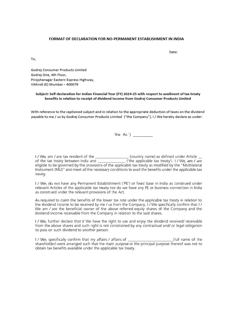 No Permanent Establishment Declaration | PDF