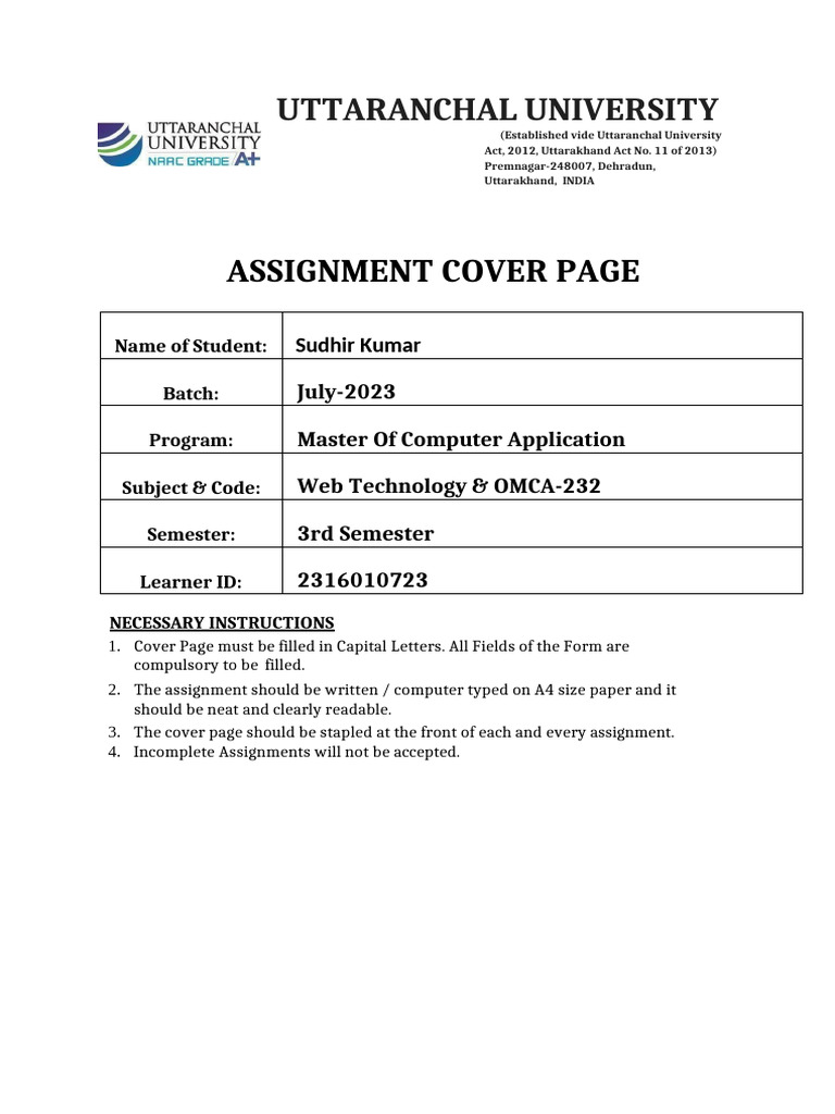 MCA Sudhir Kumar Web Technology | PDF | Html | Java Script