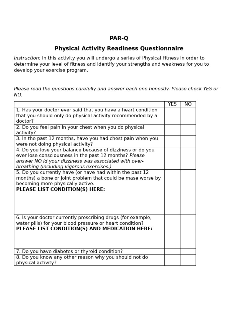 PAR-Q Questionnaire For Physical Fitness Test | PDF