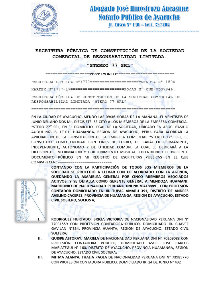 3 Escritura Publica de Constitucion de La Sociedad Anonima Cerrada Radi | PDF | Sociedad de ...