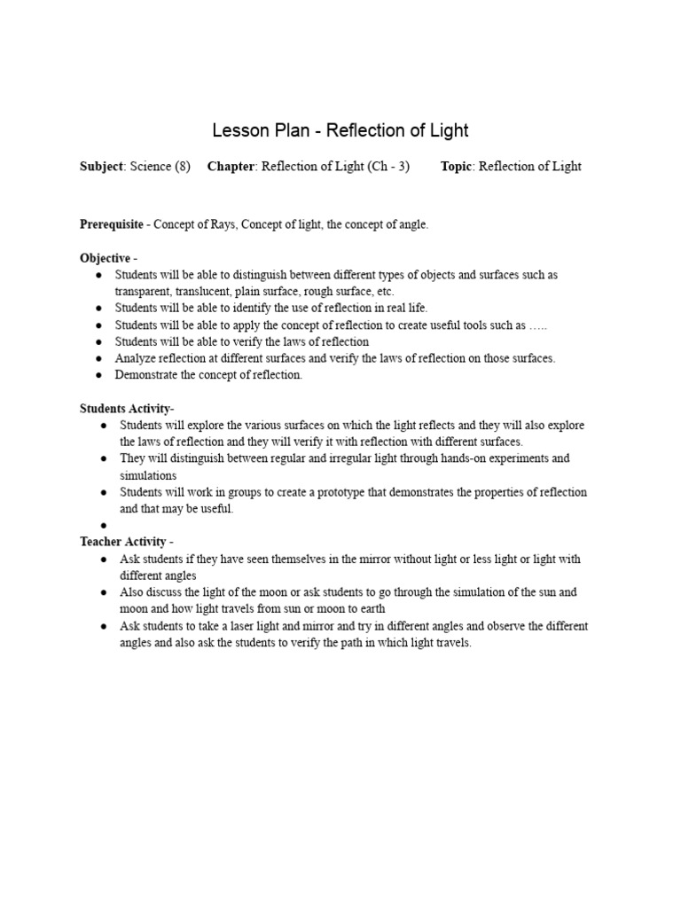 Lesson Plan - Reflection of Light | PDF
