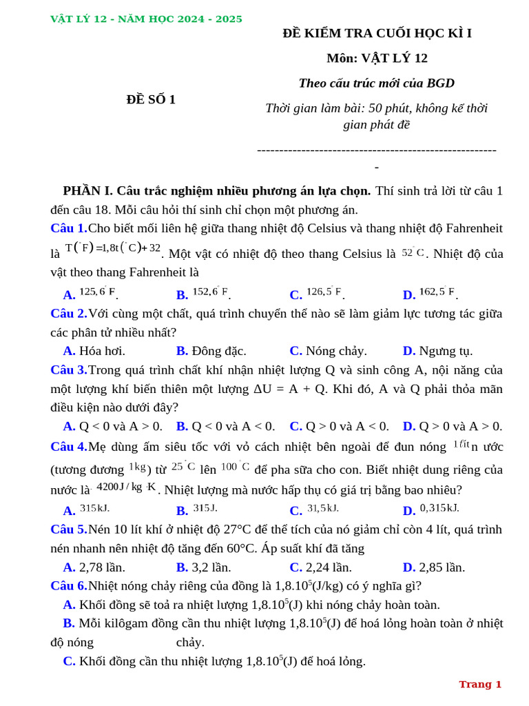 Đề 1 - Cuối kì 1 - VL12 | PDF
