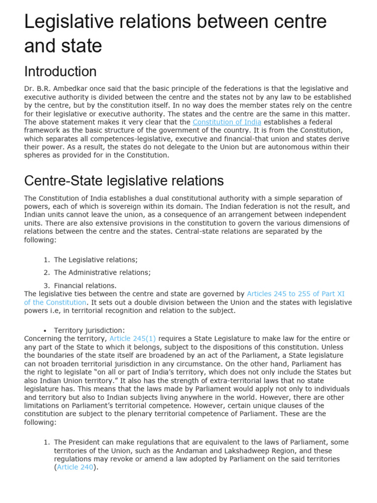 Legislative Relations Between Centre and State | PDF | Treaty ...