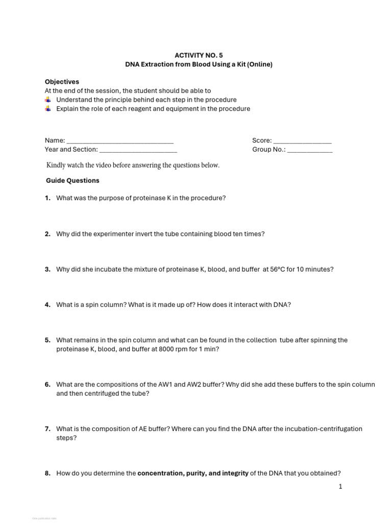 Activity No. 6 DNA Extraction From Blood Using A Kit Online | PDF