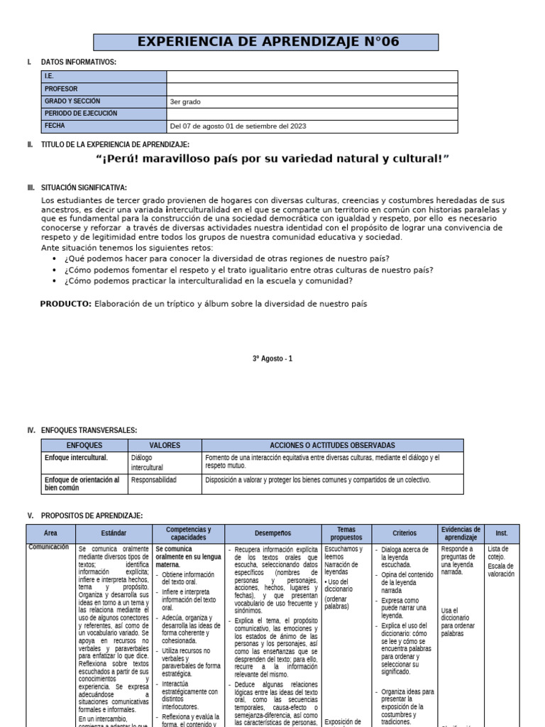 3° Grado - Experiencia de Aprendizaje N°06 | PDF | División (Matemáticas) | Multiplicación