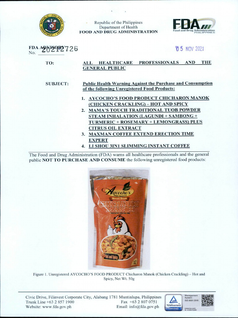 FDA Advisory No.2021 2726 | PDF