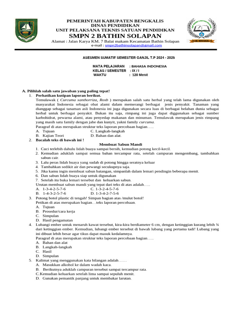 SOAL BINDO IX PAS GANJIL MGMP 2024(1) | PDF