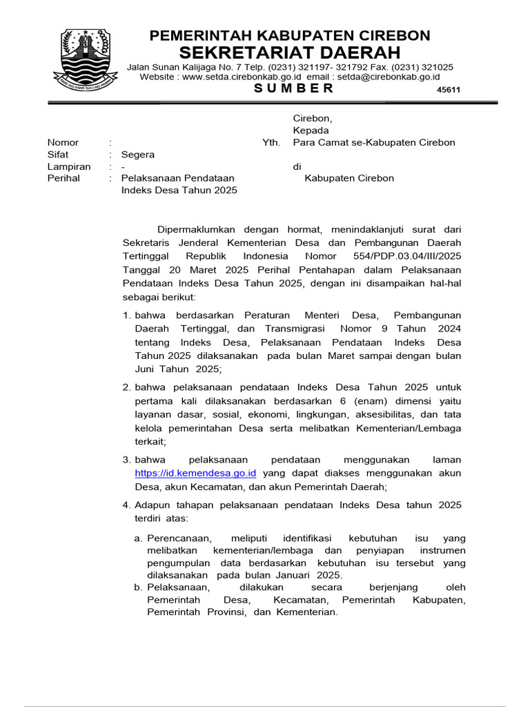 Surat SEKDA Percepatan INDEKS DESA 2025. DPMD | PDF