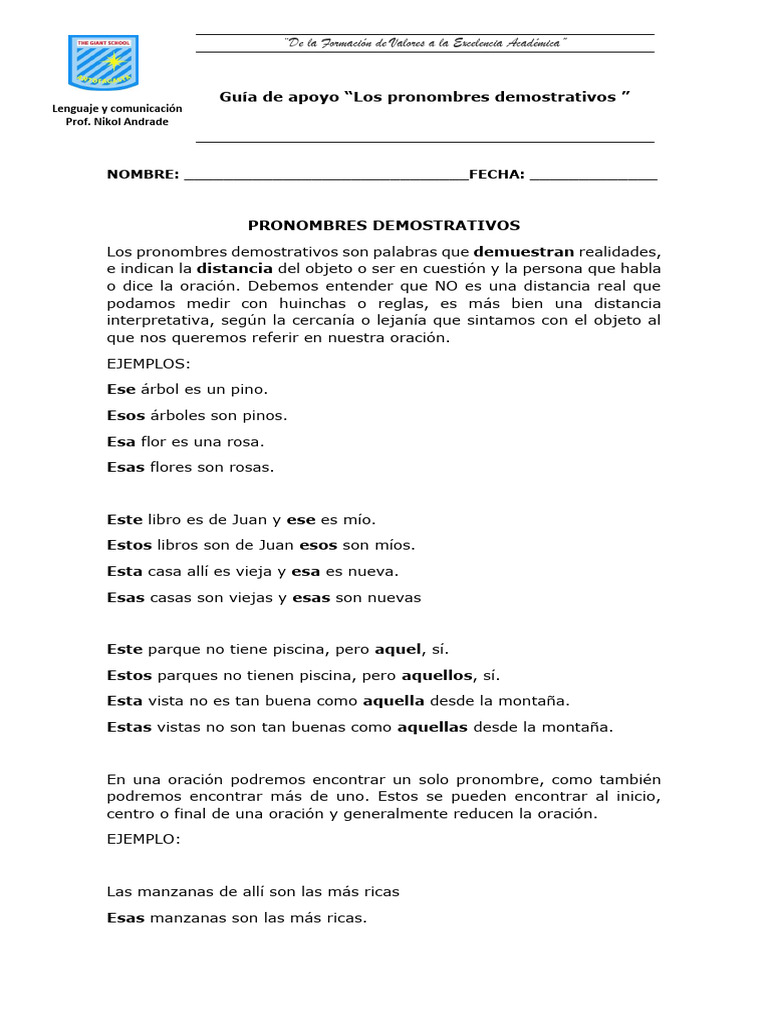 Los Pronombres Demostrativos Guía 1 | PDF | Pronombre