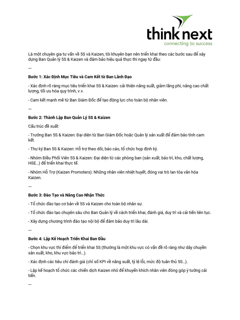 6 Bước xây dựng Ban Quản lý 5S & Kaizen và Triển khai | PDF