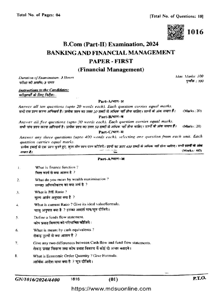 Bcom Part 2 Banking and Financial Management p1 Financial Management 1016 2024 | PDF