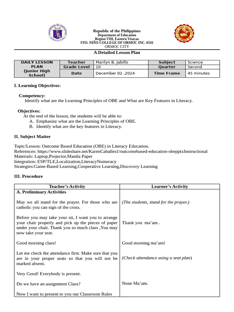 Obe Detailed Lesson Plan | PDF | Educational Assessment | Learning