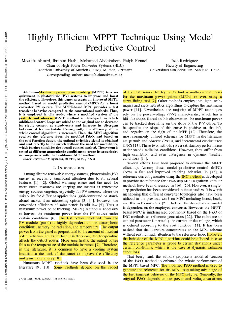 Highly Efficient MPPT Technique Using Model Predictive Control | PDF | Photovoltaics | Solar Power