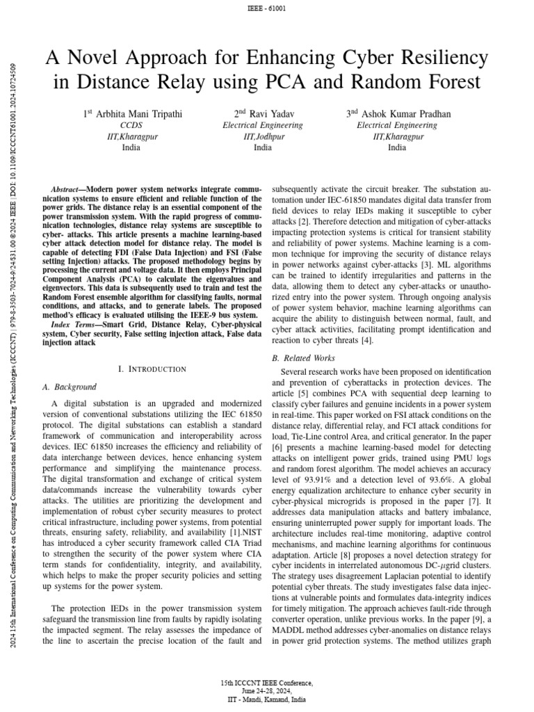 A Novel Approach For Enhancing Cyber Resiliency in Distance Relay Using PCA and Random Forest ...
