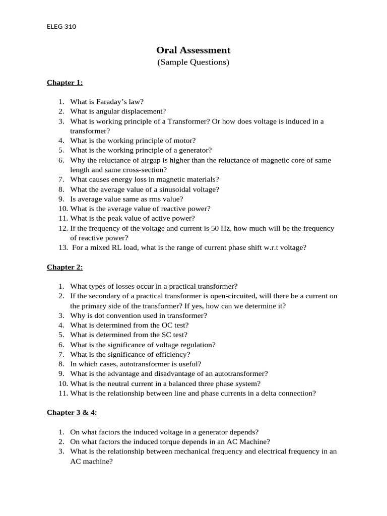ELEG310 - Sample Oral Assessment Q. | PDF | Transformer | Alternating ...
