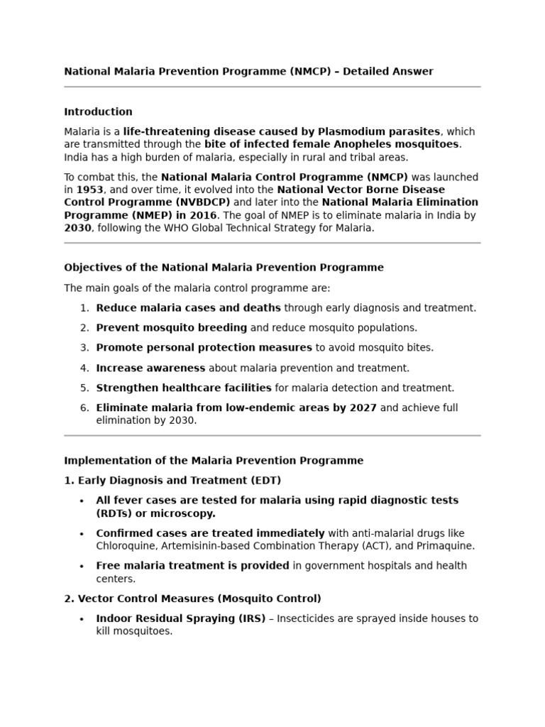 National Malaria Prevention Programme Overview | PDF | Malaria ...