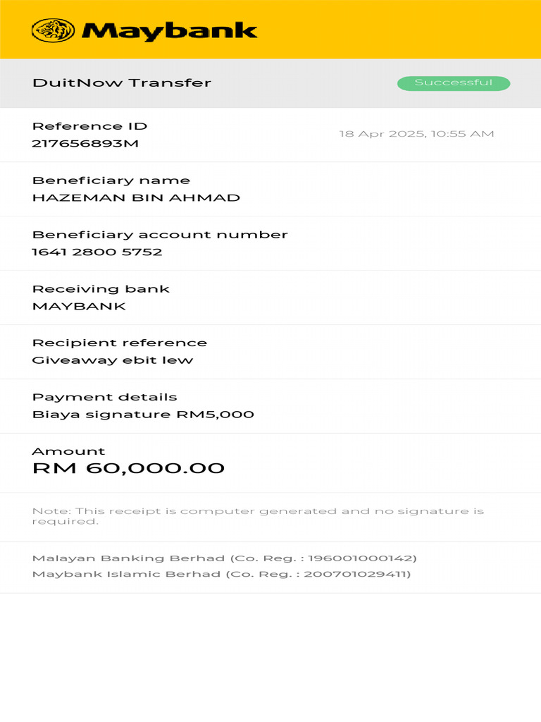 DuitNow Transfer Receipt - RM 60,000 | PDF