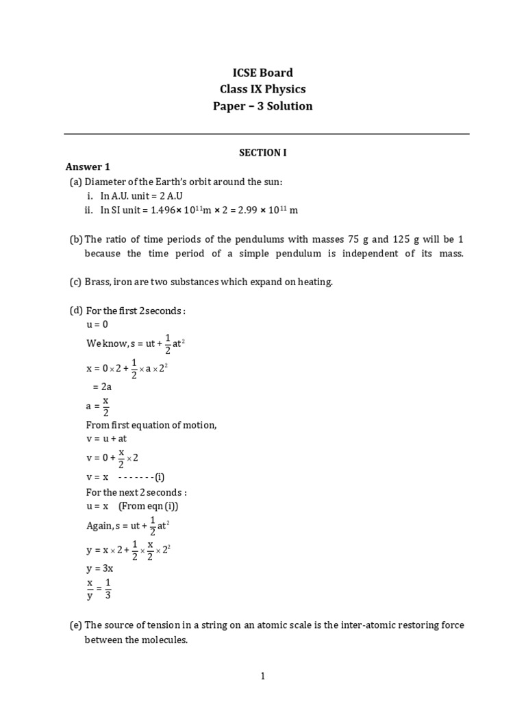 Physics 9 Icse Sample Paper 3 Solution | PDF | Force | Newton's Laws Of Motion
